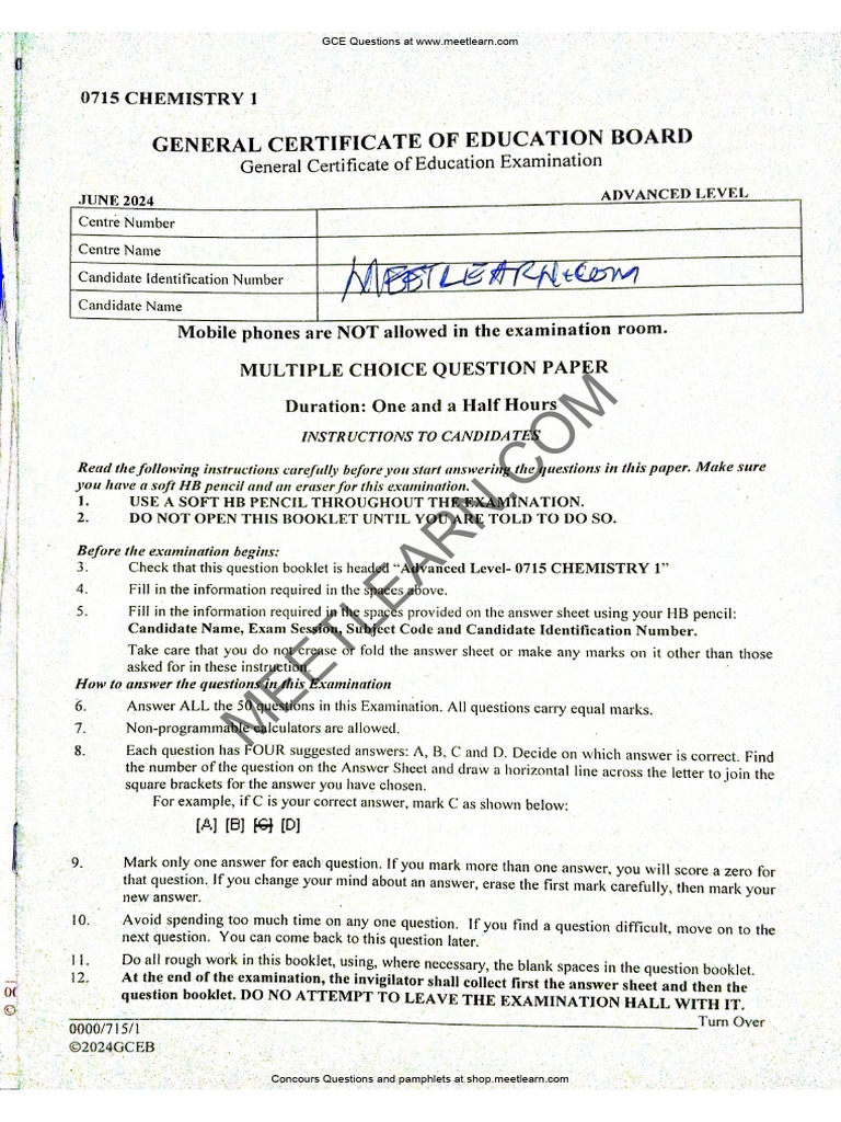 GCE A Level 2024 MeetLearn Chemistry Paper 1 | PDF