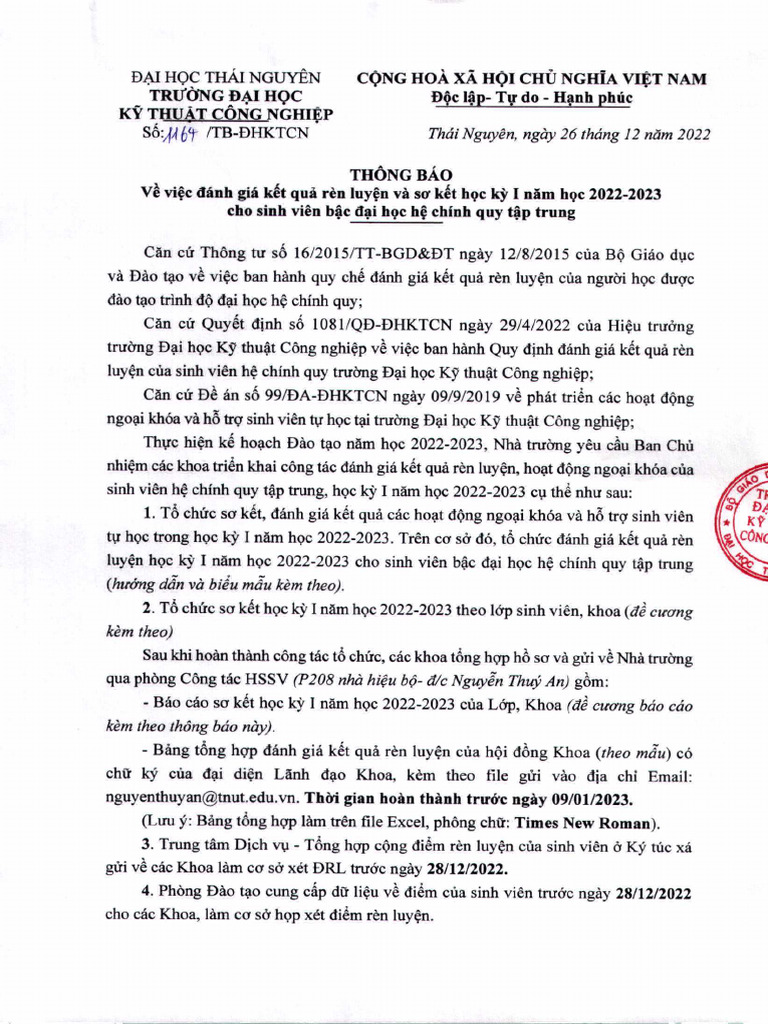 Thông Báo Chấm ĐRL HK1 (22-23) | PDF