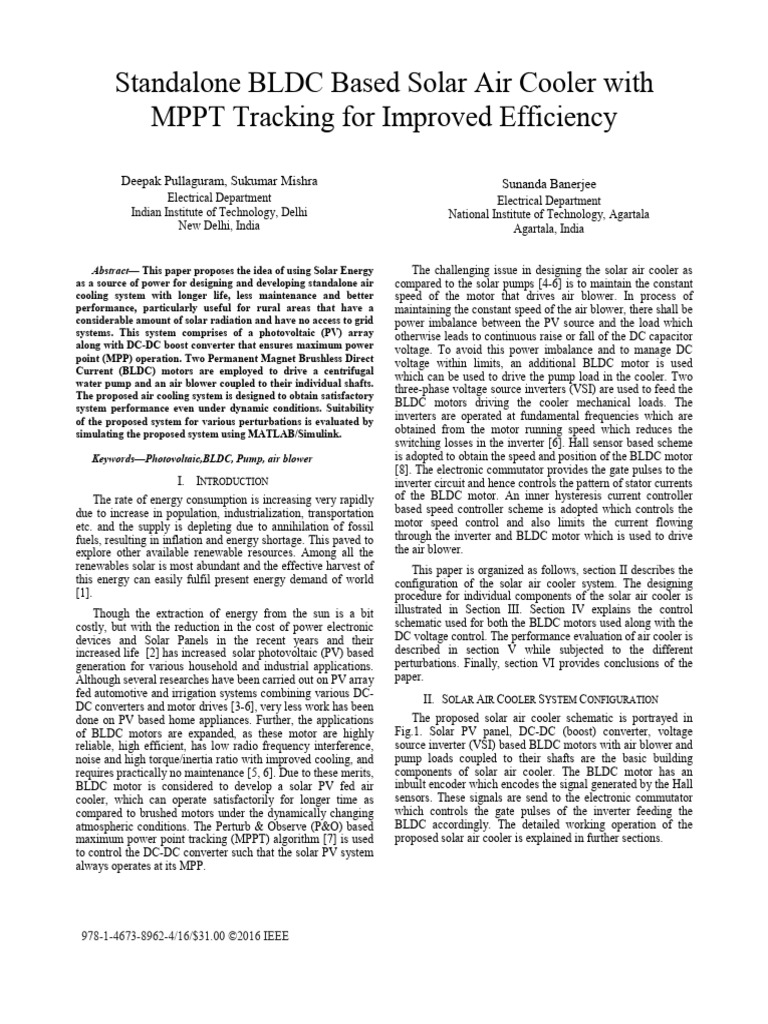 Standalone BLDC Based Solar Air Cooler With MPPT Tracking For Improved ...