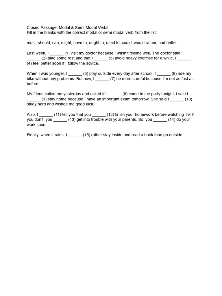 Closed Passage - Modal & Semi-Modal Verbs | PDF