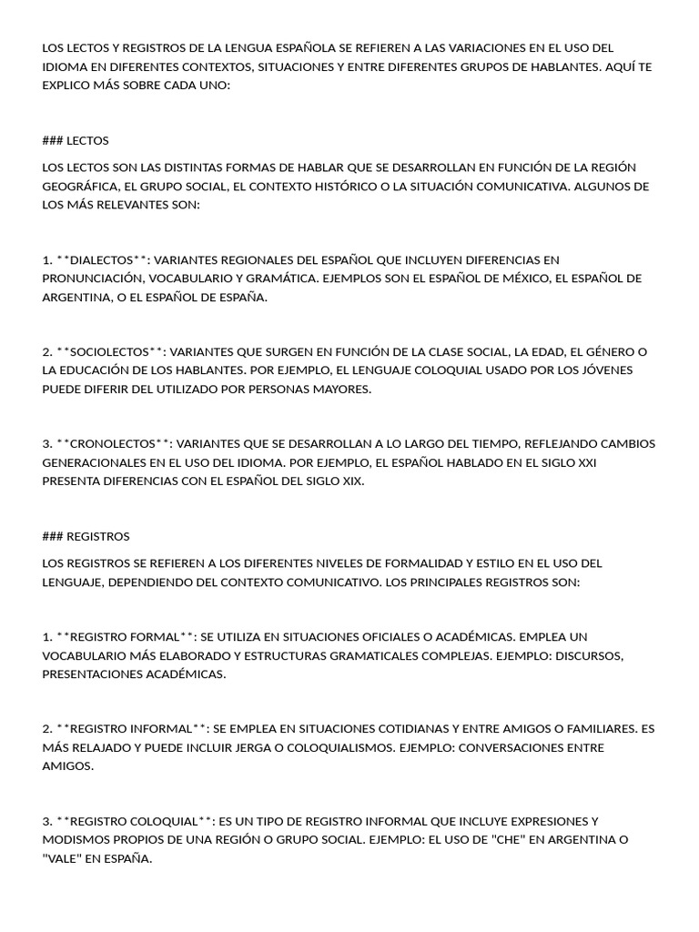 Los Lectos y Registros de La Lengua Española Se Refieren A Las ...