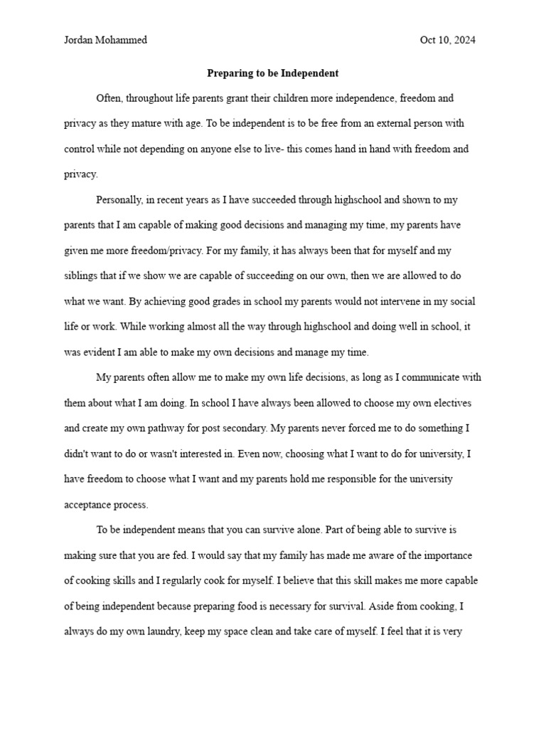 Preparing To Be Independant - Jordan M | PDF