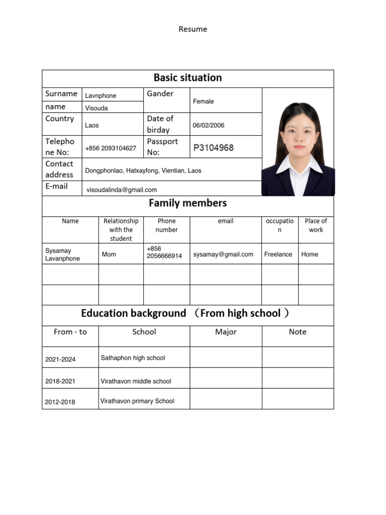 ຮ່າງຂໍ້ມູນນັກຮຽນ English CV Template | PDF
