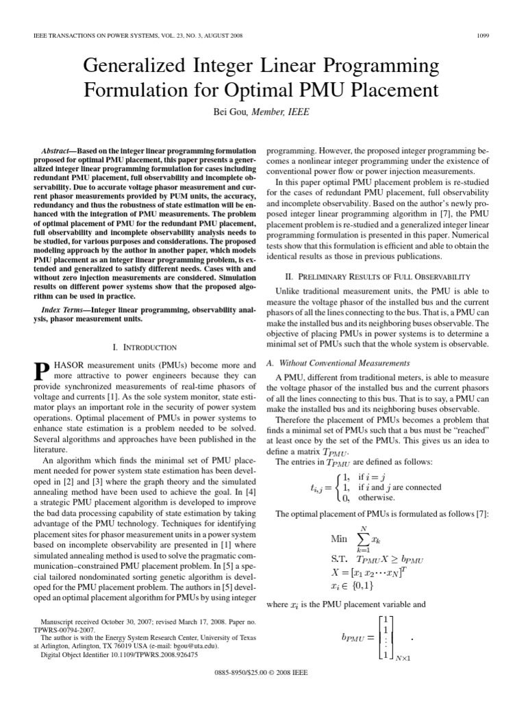 Generalized Integer Linear Programming Formulation For Optimal PMU Placement | PDF | Matrix ...
