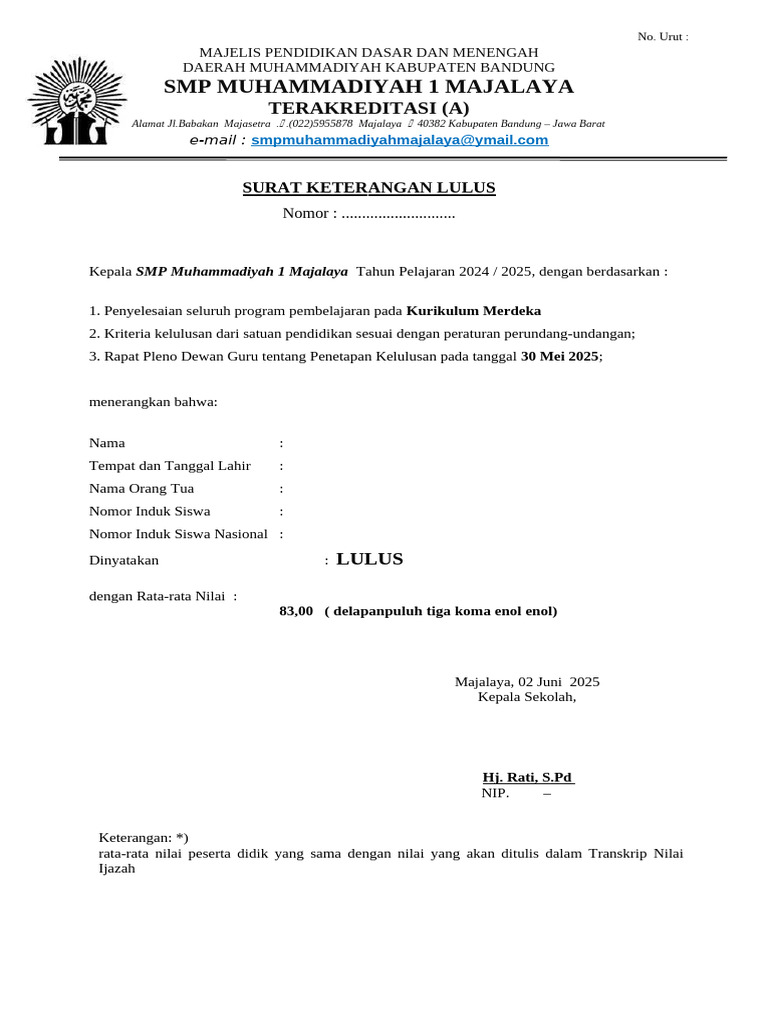 Surat Keterangan Lulus SMP 2025 | PDF