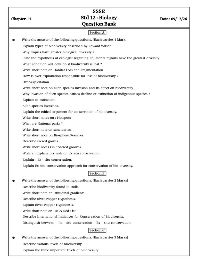 QuestionBank D09 Dec 2024 5 | PDF | Biodiversity | Conservation Biology