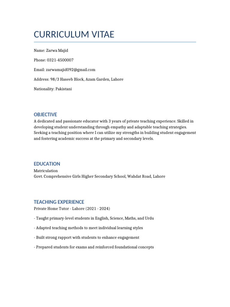 Zarwa Majid CV | PDF