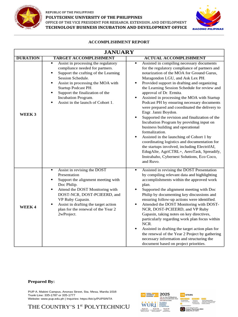 Accomplishment Report - Delos Santos W3&W4 JANUARY | PDF