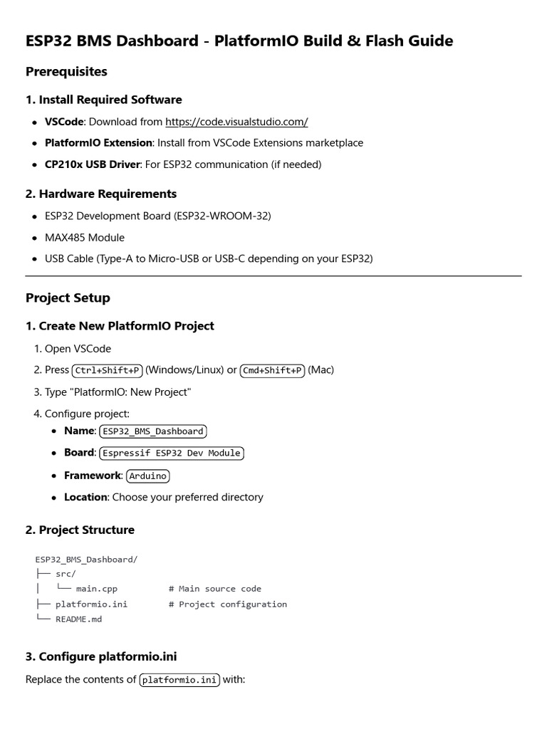 ESP32 BMS Dashboard - PlatformIO Build & Flash Guide | PDF | Booting | Wi Fi