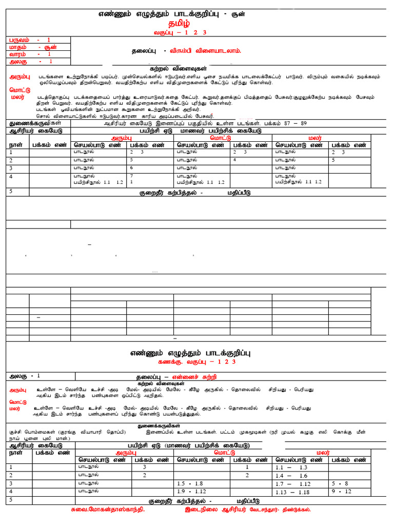 EE Lesson Plan - STD 1 2 3 - June 1st Week-1 | PDF