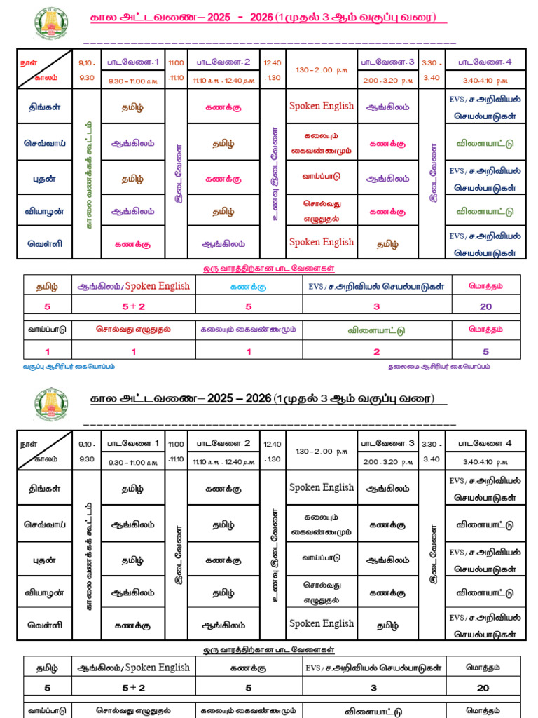EE - 1st - 3rd STD - NEW TIME TABLE - 2025 - 2026 | PDF