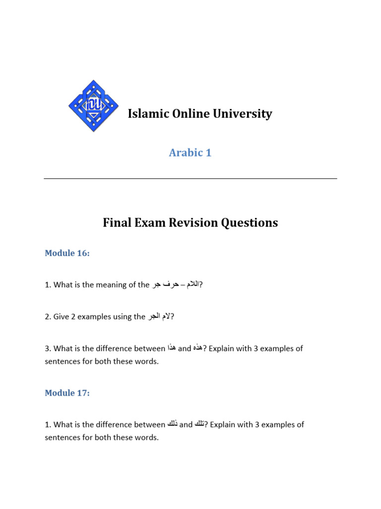 Arabic Final Exam Revision Guide | PDF | Adverb | Subject (Grammar)