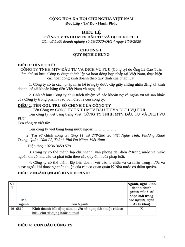 ĐIỀU LỆ CTY TNHH MTV | PDF