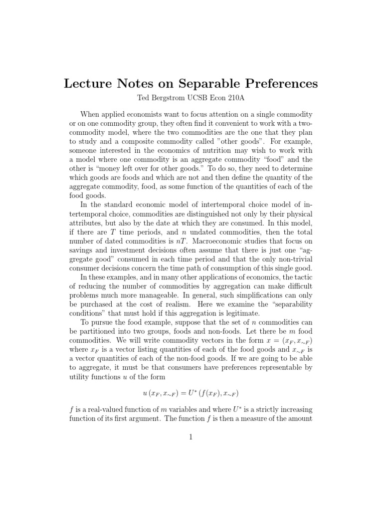 Lecture Notes On Separable Preferences Pdf Utility Consumers
