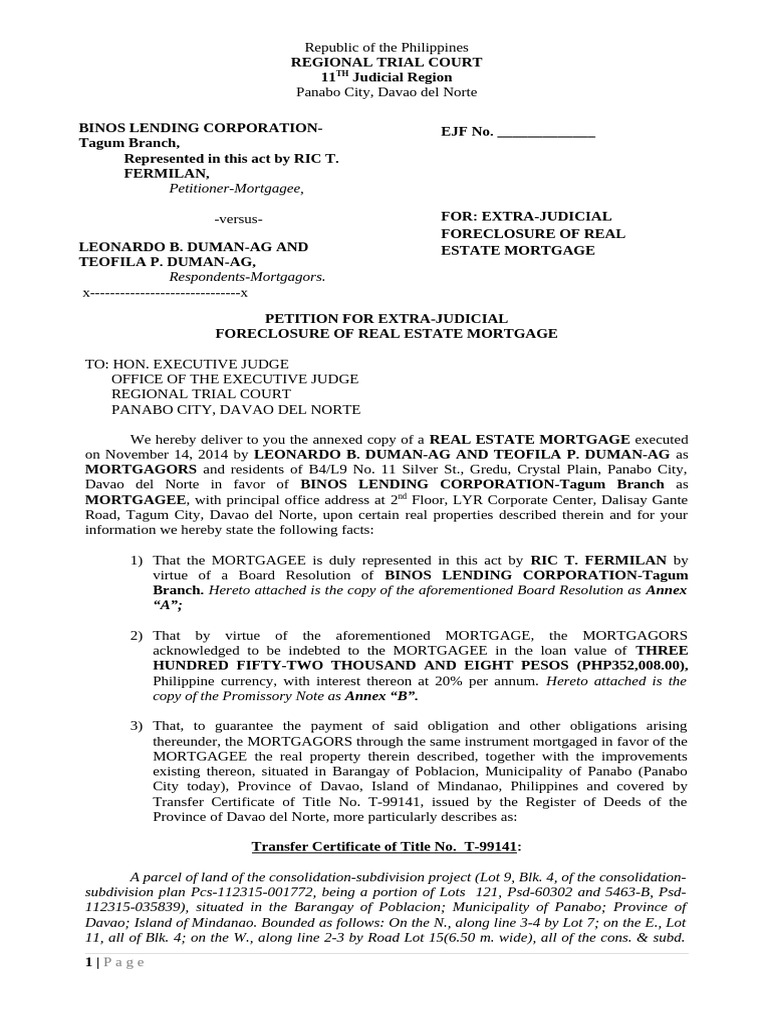 BLC-Tagum v. Sps. Duman-Ag (Foreclosure (Panabo) ) | PDF | Mortgage Law | Foreclosure