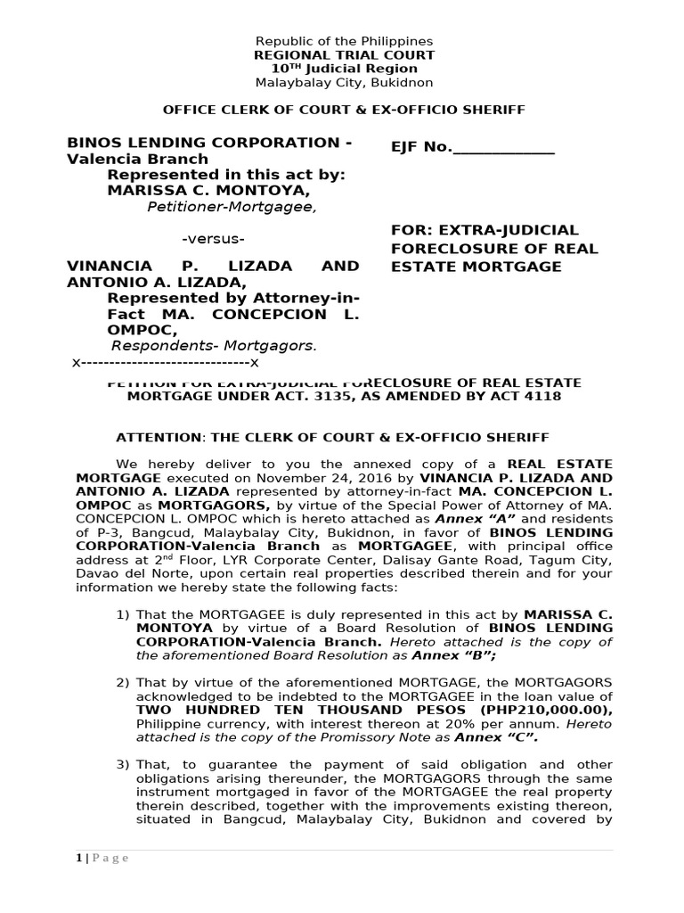 BLC-Valencia v. Sps. Lizada (Foreclosure) | PDF | Mortgage Law ...