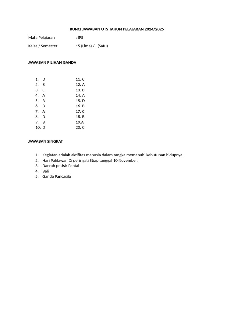 Lembar Jawaban IPS Kelas 5 | PDF