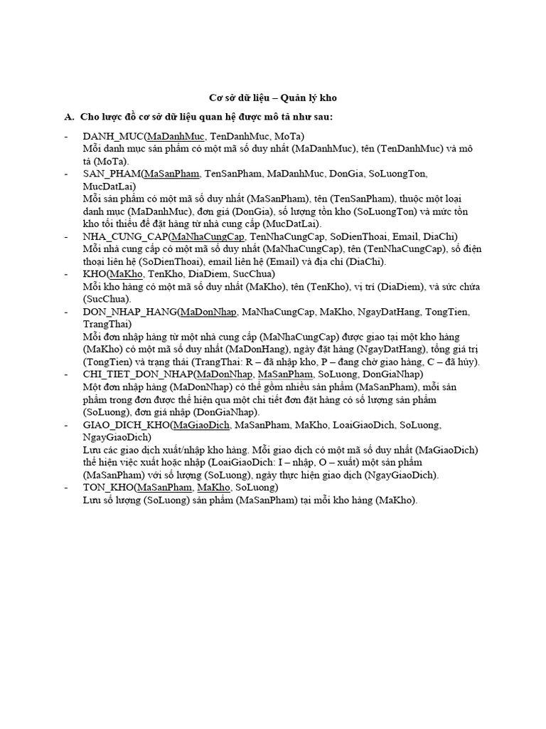 Csdl Quản Lý Kho - Lược Đồ | PDF