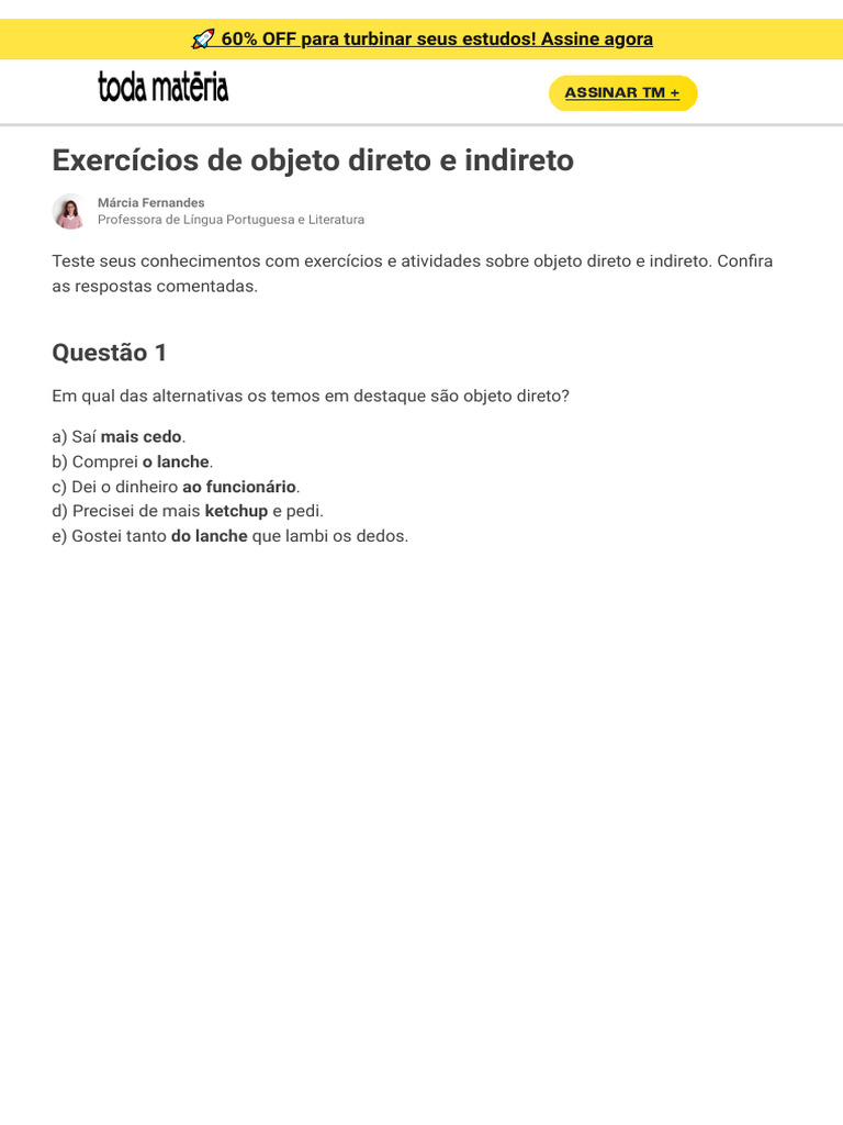 13.6. Exercícios de Objeto Direto e Indireto - Toda Matéria | PDF | Objeto (gramática) | Assunto ...
