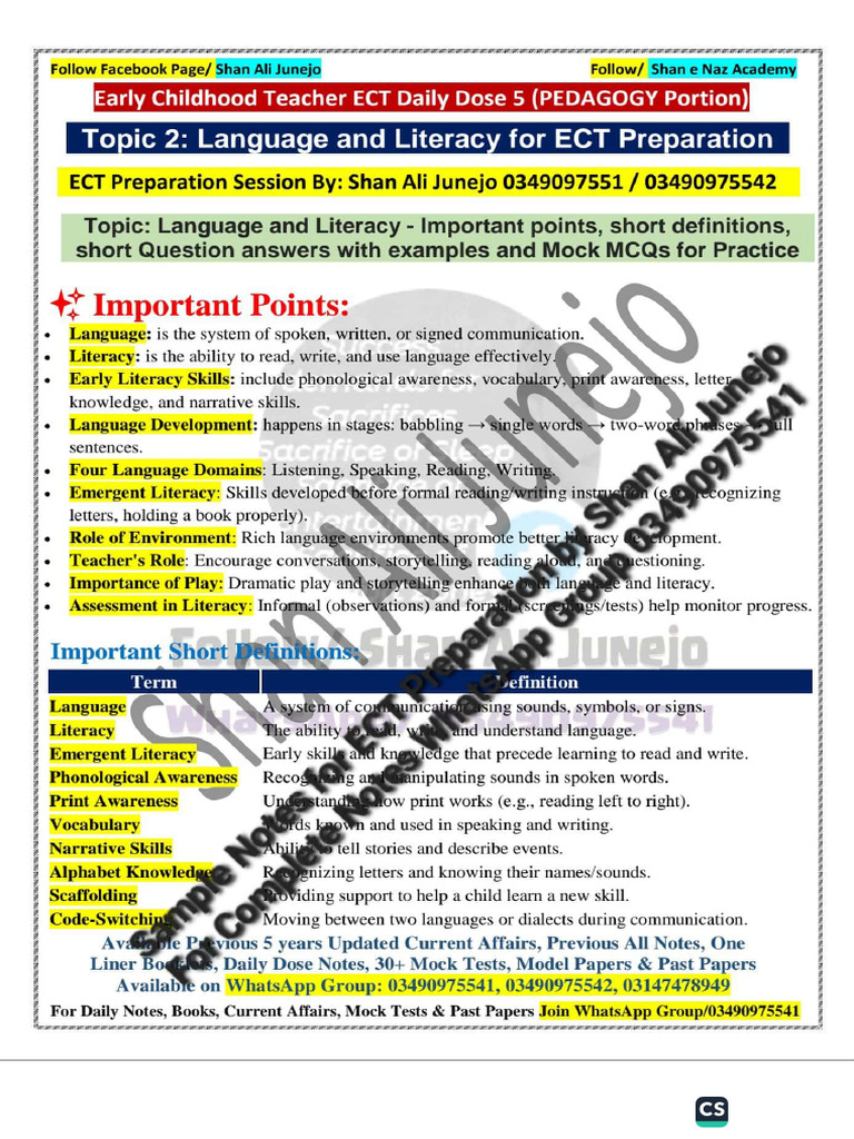 ECT Session - Topic 2 Language and Literacy Complete Notes, Mock Tests ...