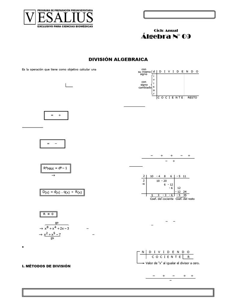 Cociente y residuo en división algebraica | PDF | División (Matemáticas ...