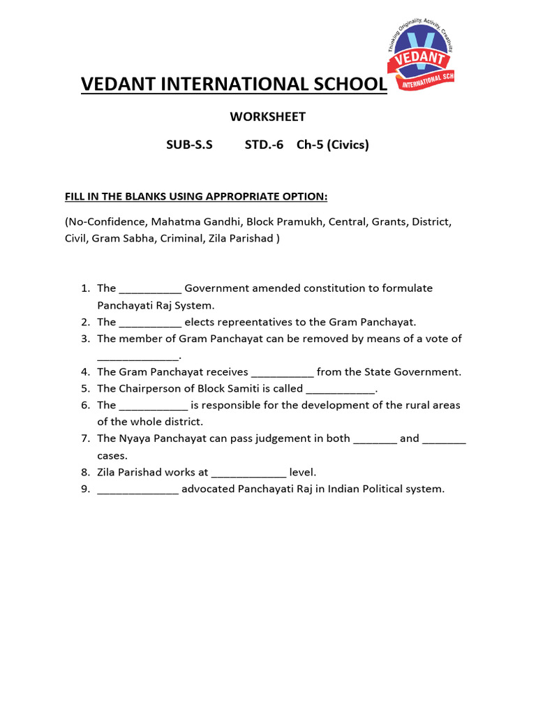 Vedant International School: Worksheet SUB-S.S STD.-6 Ch-5 (Civics) | PDF | Indology | Nāstika