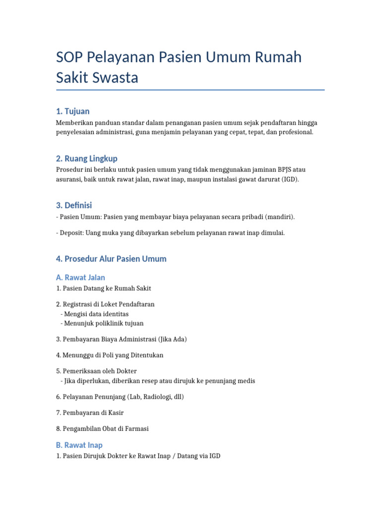 SOP Pelayanan Pasien Umum RS Swasta | PDF