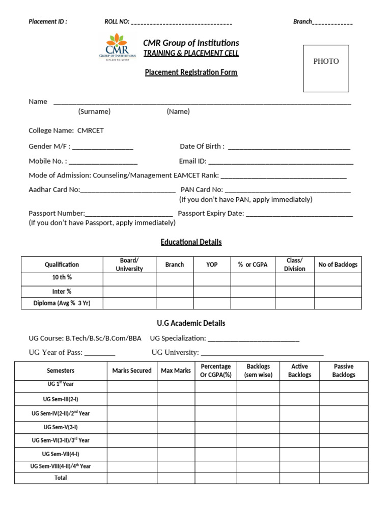 Placement Registration FORM 2025 | PDF