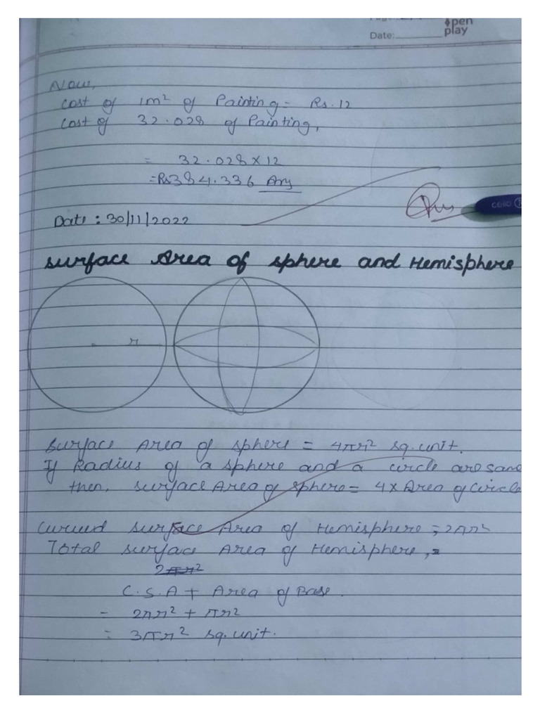 Surface Area of Sphere and Volume of Cube and Cuboid and Exercise | PDF