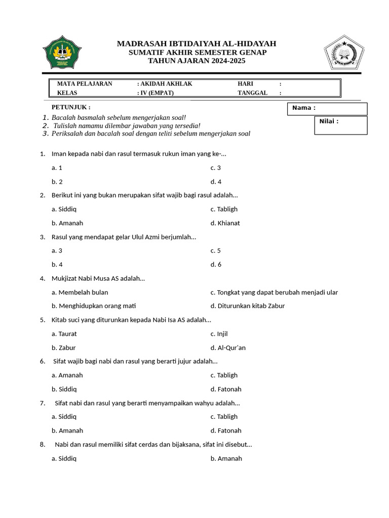 Soal STS Akidah Akhlak Kelas 4 Smt Genap | PDF