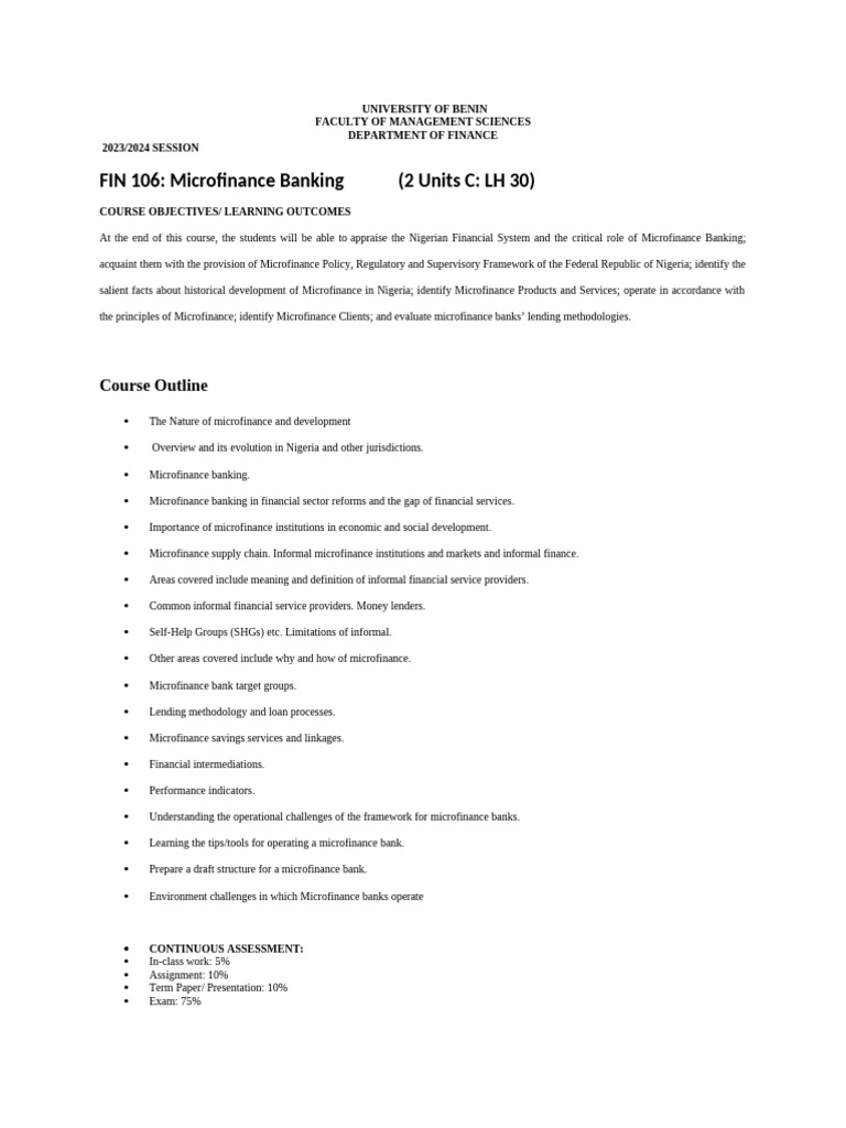 Fin 106 Microfinance Banking Course Outline | PDF | Microfinance | Banks