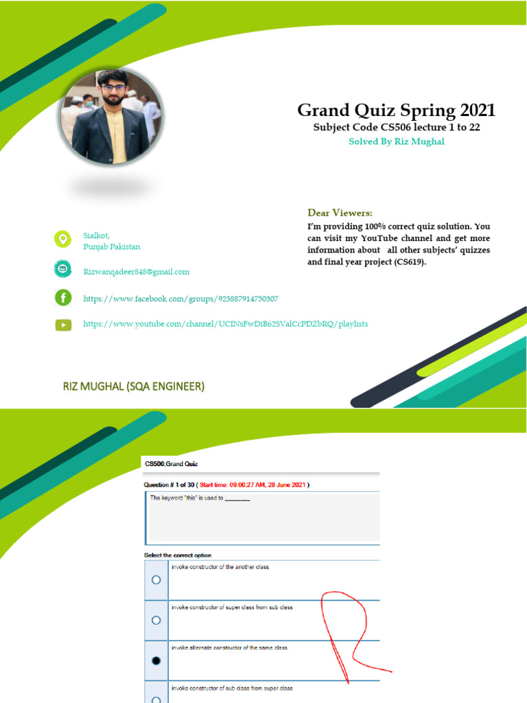 CS506 Grand Quiz Spring 2021 Solved by Riz Mughal | PDF