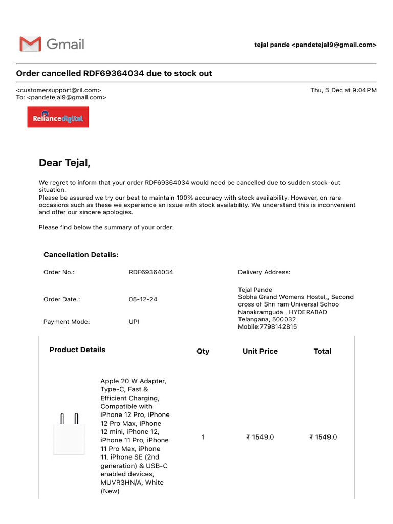 Order Cancelled RDF69364034 Due To Stock Out | PDF | I Phone | Personal ...