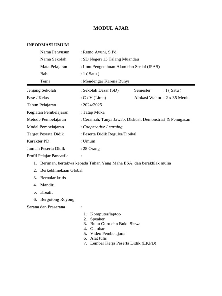 Modul Ajar IPAS: Mendengar & Telinga SD | PDF