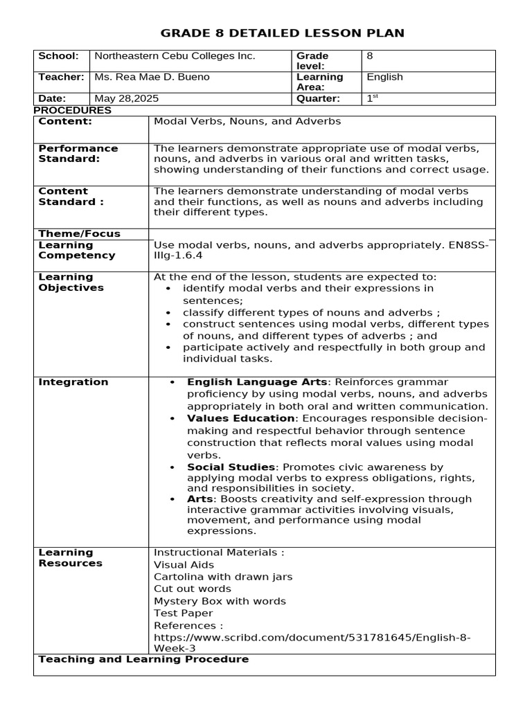 Final Printed My Detailed Lesson Plan in Modal Verbs, Nouns, and ...