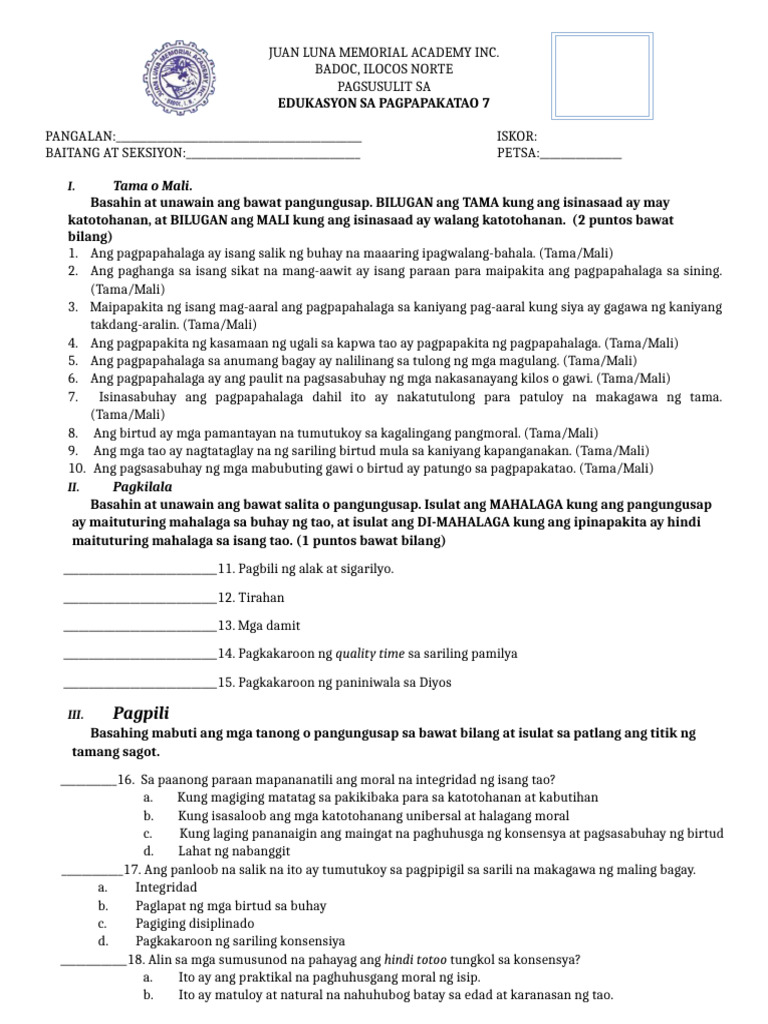 Quiz in G7 Esp | PDF