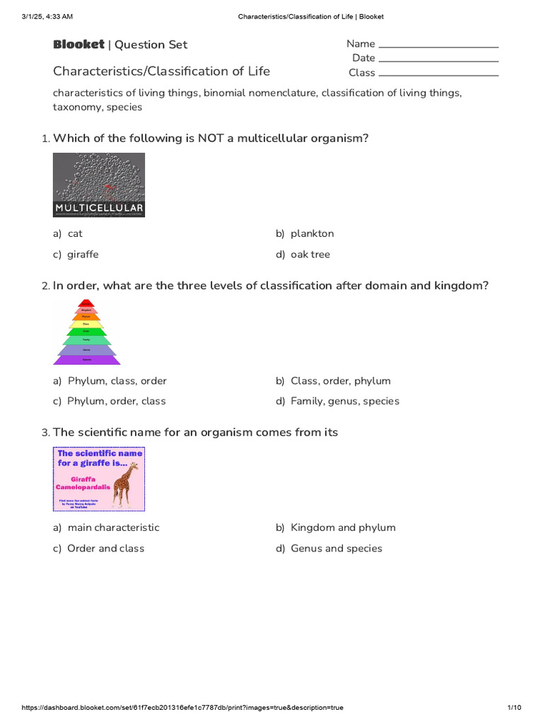Blooket Quiz: Life Classification Questions | PDF | Organisms | Species