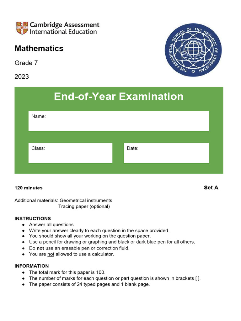 Grade 7 Mathematics Exam 2023 | PDF | Area | Circle