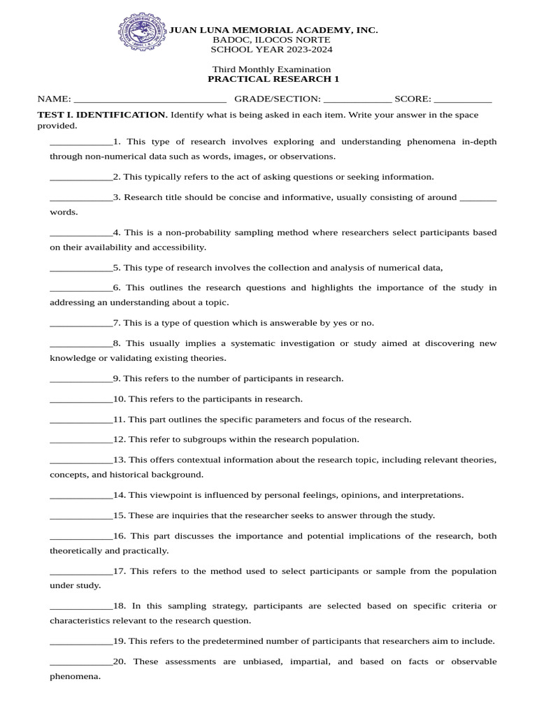 Practical Research 1 Monthly Exam | PDF | Sampling (Statistics ...
