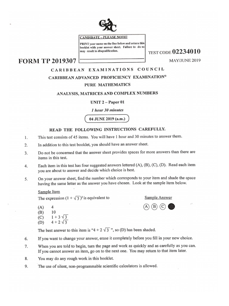Pure Maths 2019 Paper 1 Answers | PDF