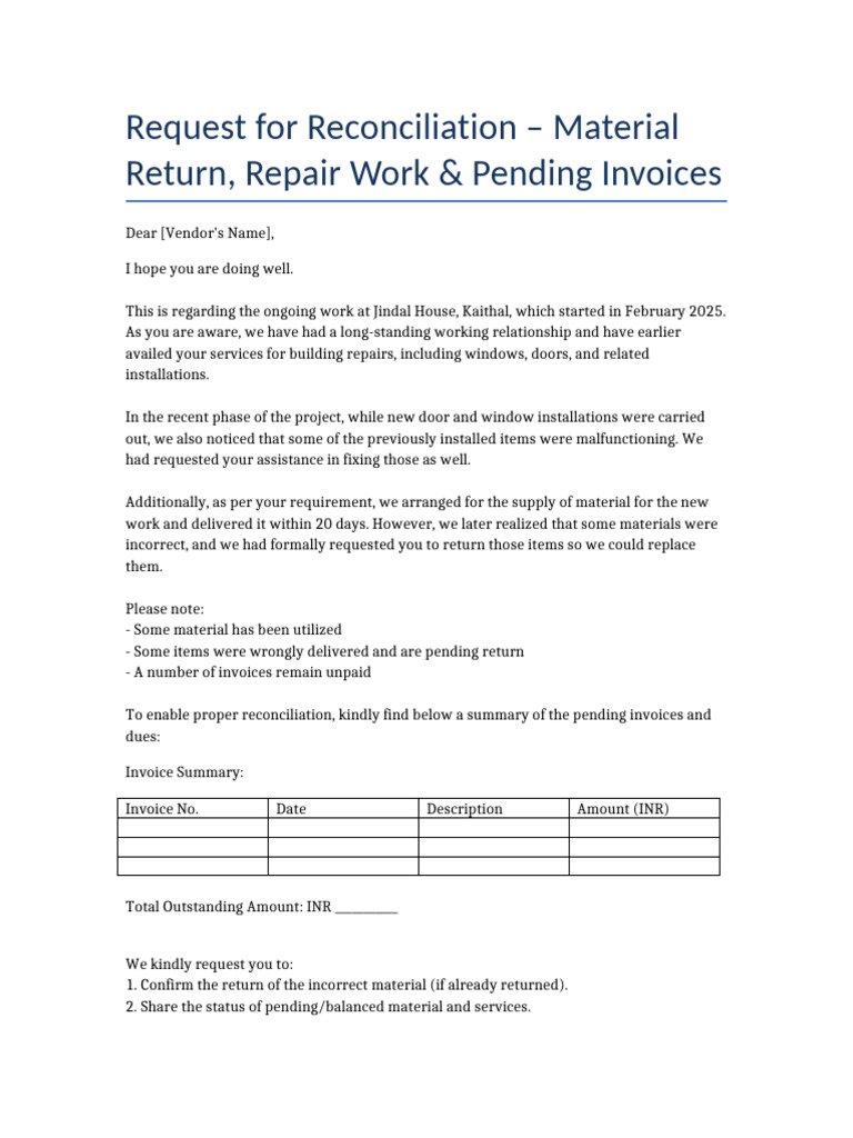 Reconciliation Request Jindal House | PDF