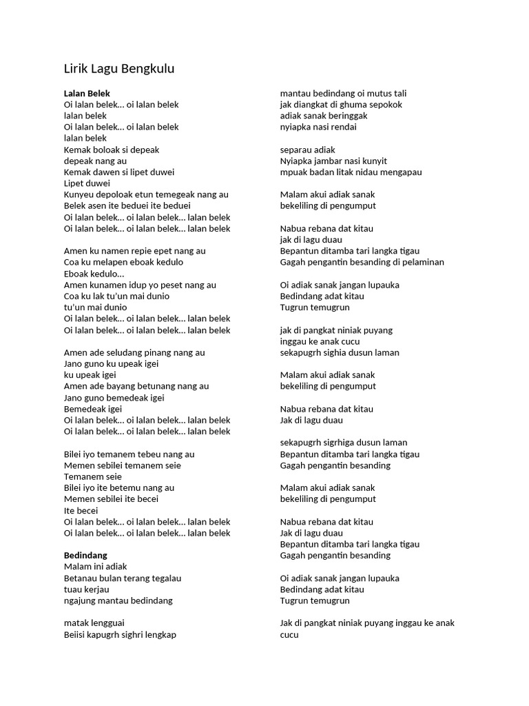 Asal Usul Lagu Lalan Belek Bengkulu | PDF