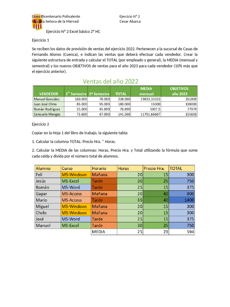 Ejercicio #2 Excel Básico 2º HC | PDF