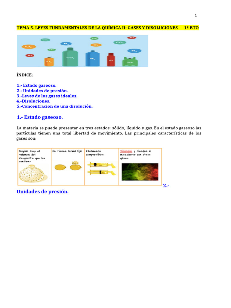 Tema 5. Gases y Disoluciones 1º Bto 24 - 25 | PDF | Gases | Concentración