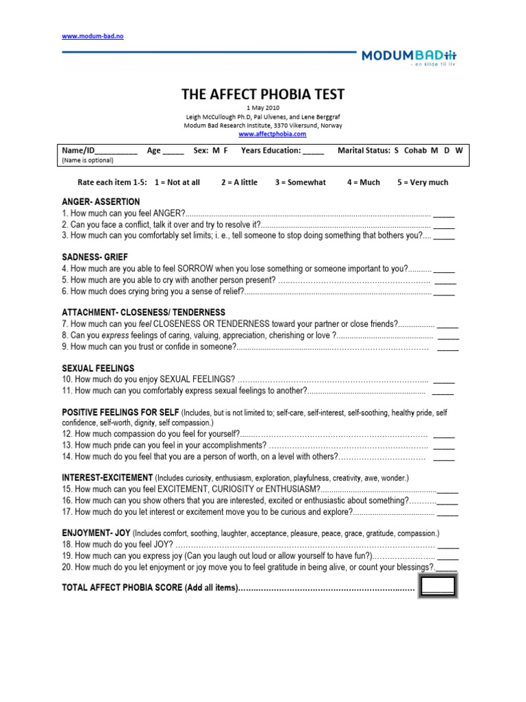 Affect Phobia Test 1may2010 | PDF | Behavioural Sciences | Social ...