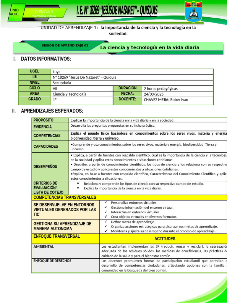A-1º Ses-Act 2 Cyt Und 1 | PDF | Aprendizaje | Evaluación