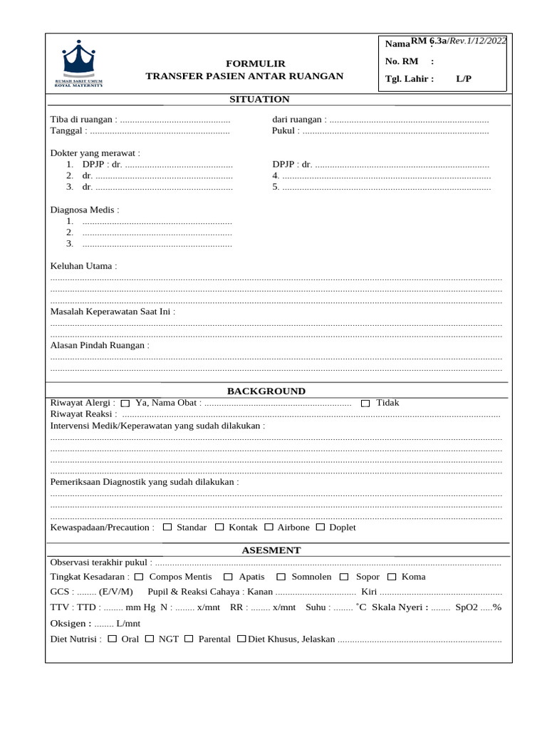 RM 6.3a Form Transfer Pasien Ke Ruangan | PDF