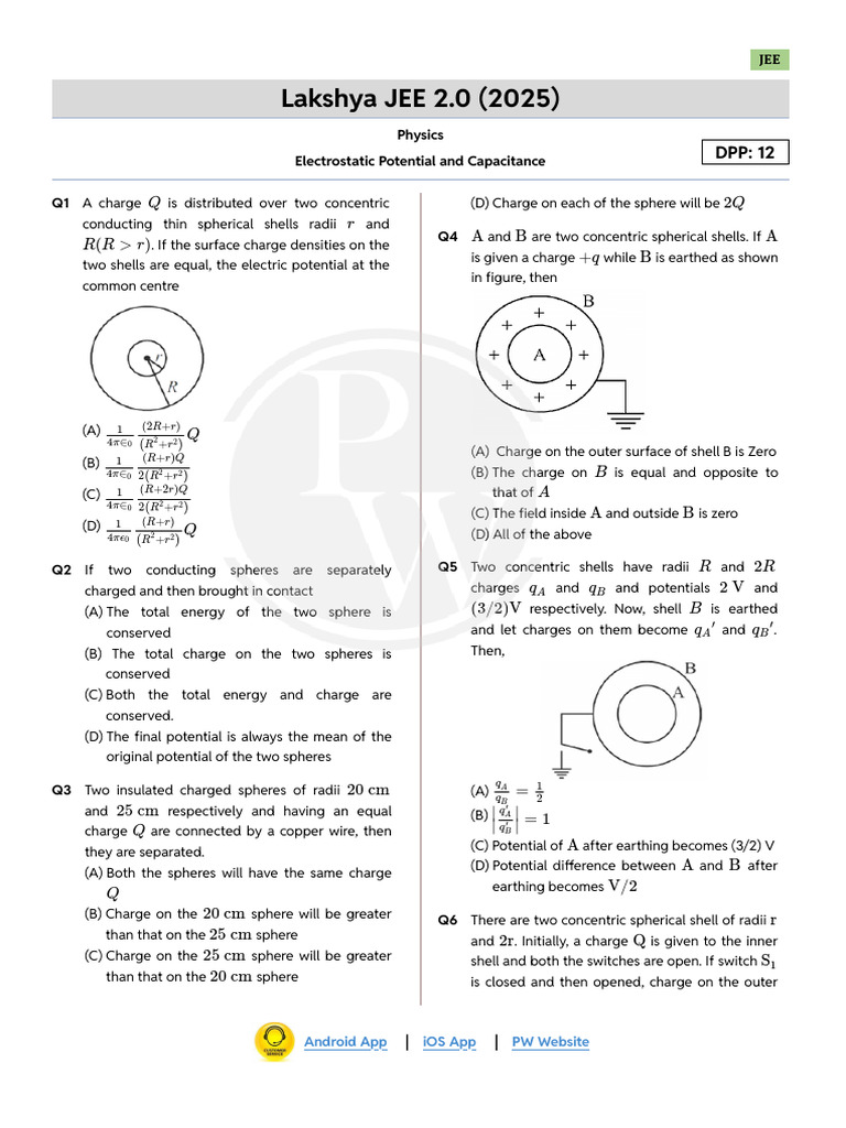 Electrostatic Potential and Capacitance - DPP 12 (Extra DPP) - Lakshya JEE 2.0 2025 | PDF ...