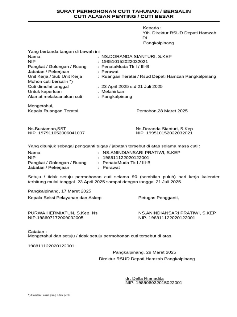 Surat Permohonan Cuti Bersalin Perawat | PDF