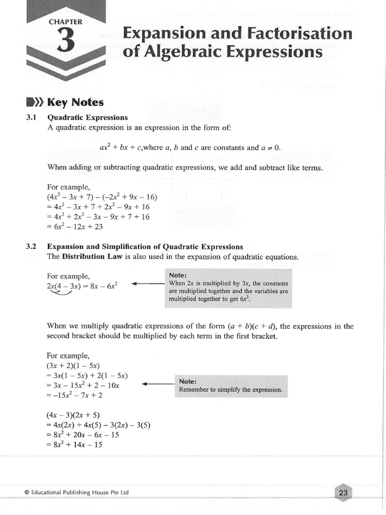 Chapter 3 Expansions And Factorisation Of Algebraic Expressions Pdf